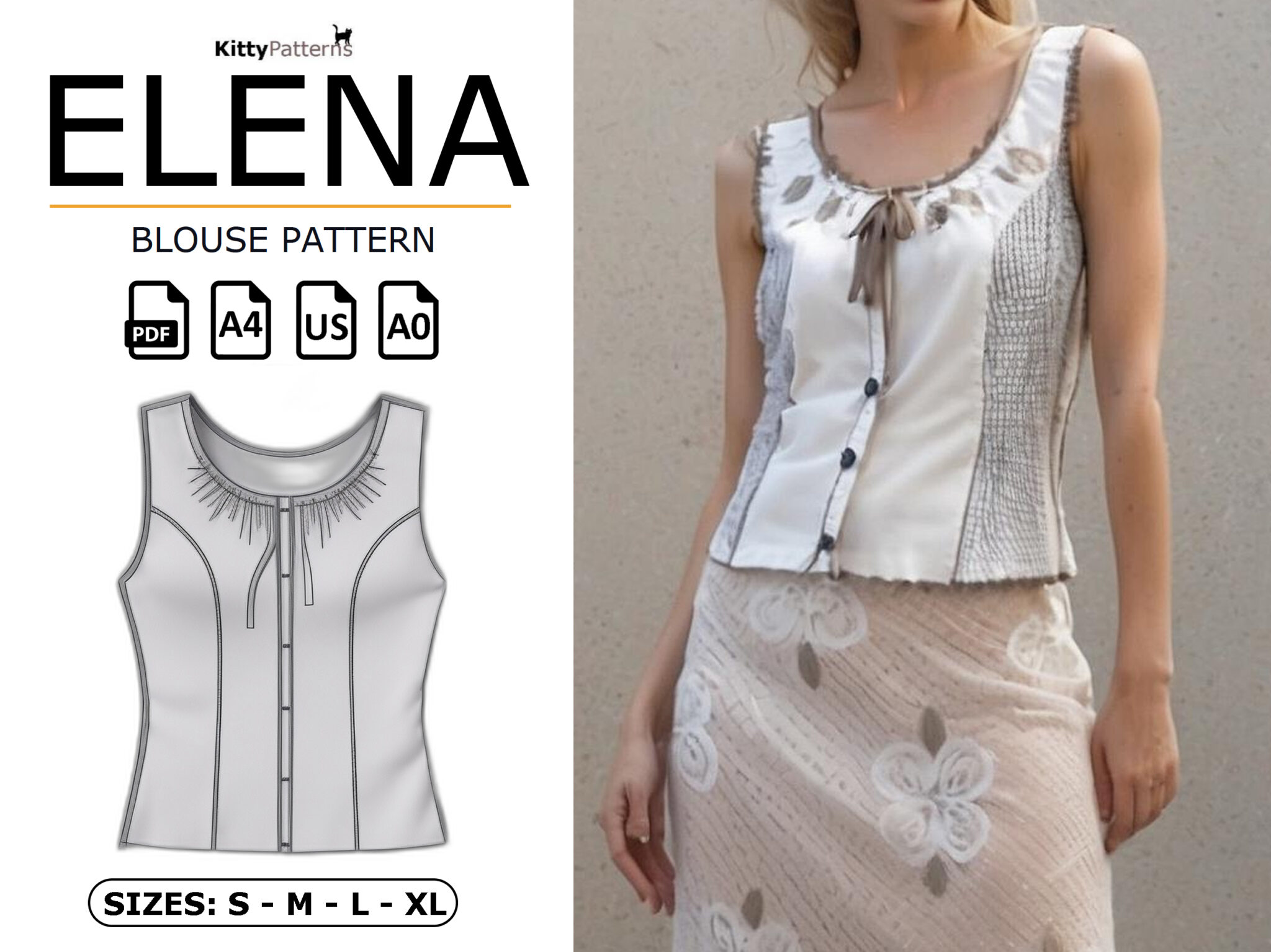 ELENA – Button Front Blouse Pattern – KittyPatterns