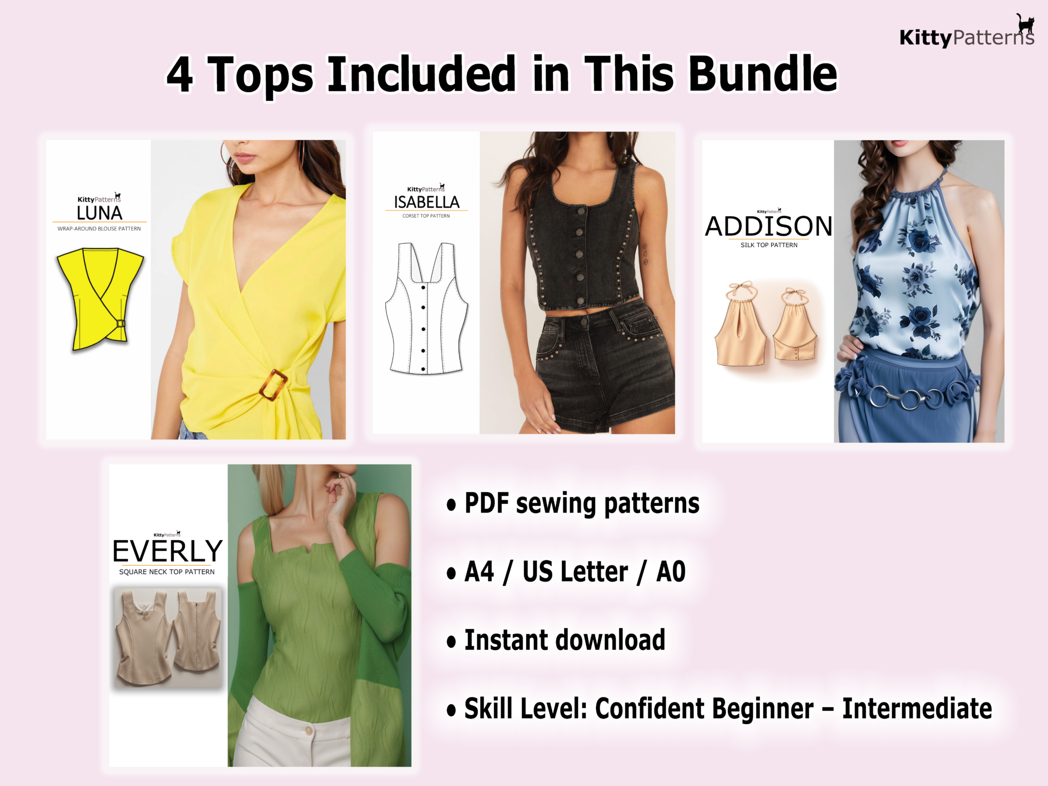 4 Tops Bundle Sewing Pattern PDF – KittyPatterns