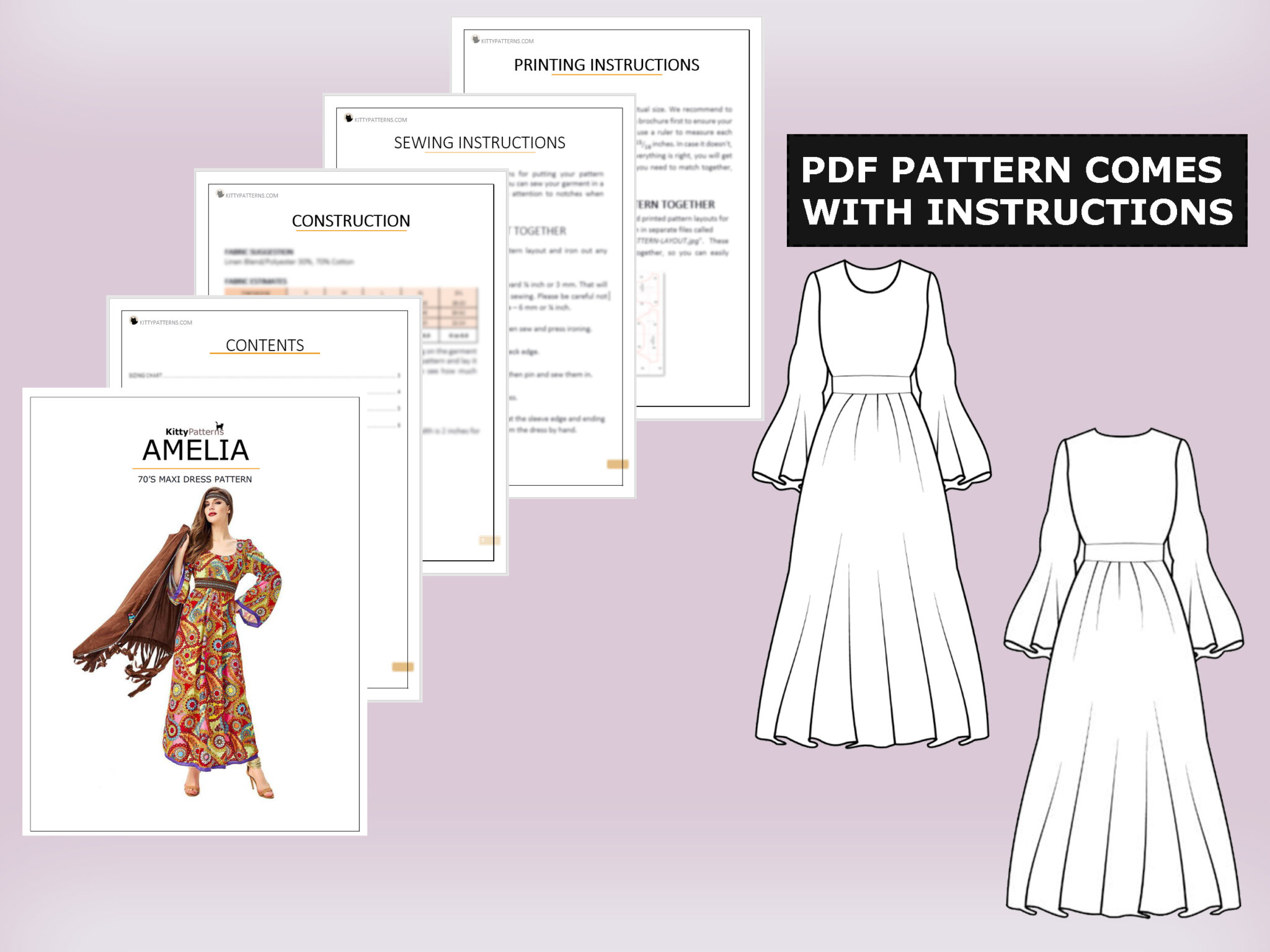 AMELIA – 70s Maxi Dress Pattern – KittyPatterns